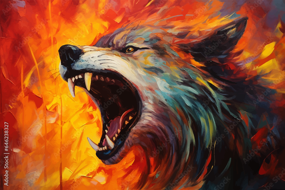 Angry Wolf howling in fire with flames and flames. Roaring wolf. Wolf ...