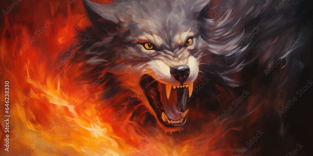 Angry Wolf howling in fire with flames and flames. Roaring wolf. Wolf ...