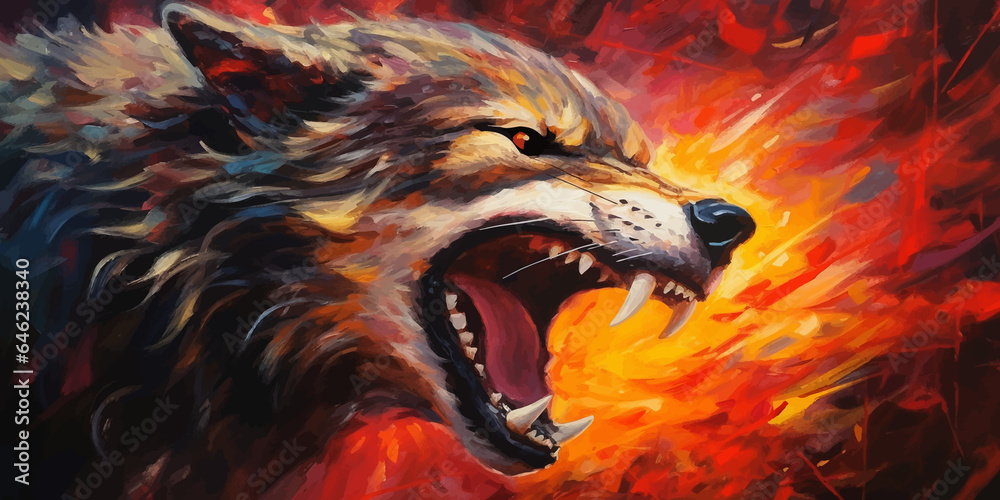 Angry Wolf howling in fire with flames and flames. Roaring wolf. Wolf ...