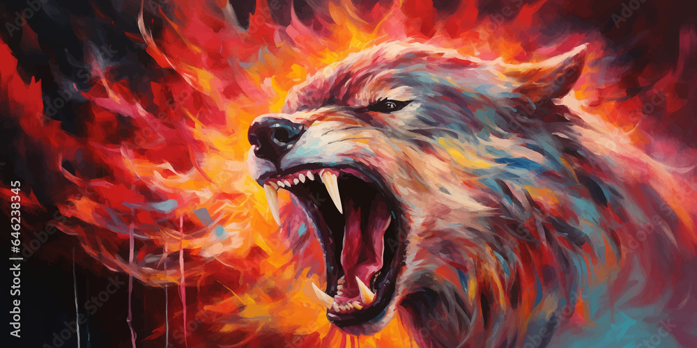 Angry Wolf howling in fire with flames and flames. Roaring wolf. Wolf ...
