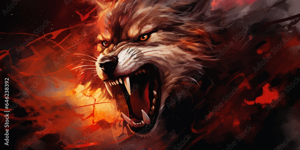 Angry Wolf howling in fire with flames and flames. Roaring wolf. Wolf ...