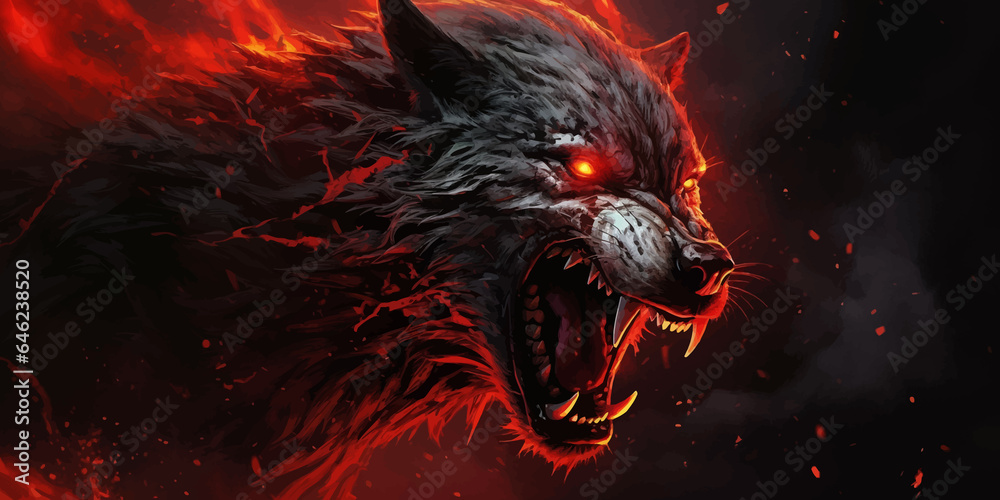 Angry Wolf howling in fire with flames and flames. Roaring wolf. Wolf ...