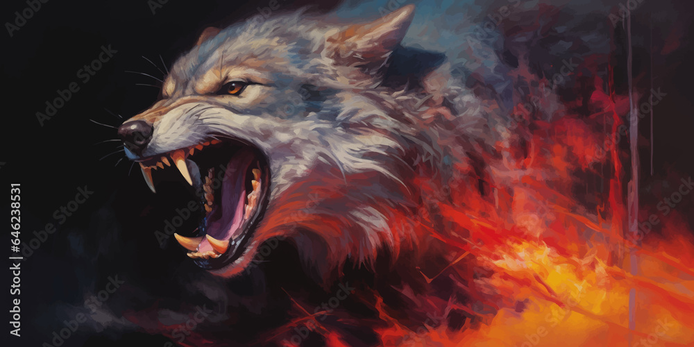 Angry Wolf howling in fire with flames and flames. Roaring wolf. Wolf ...