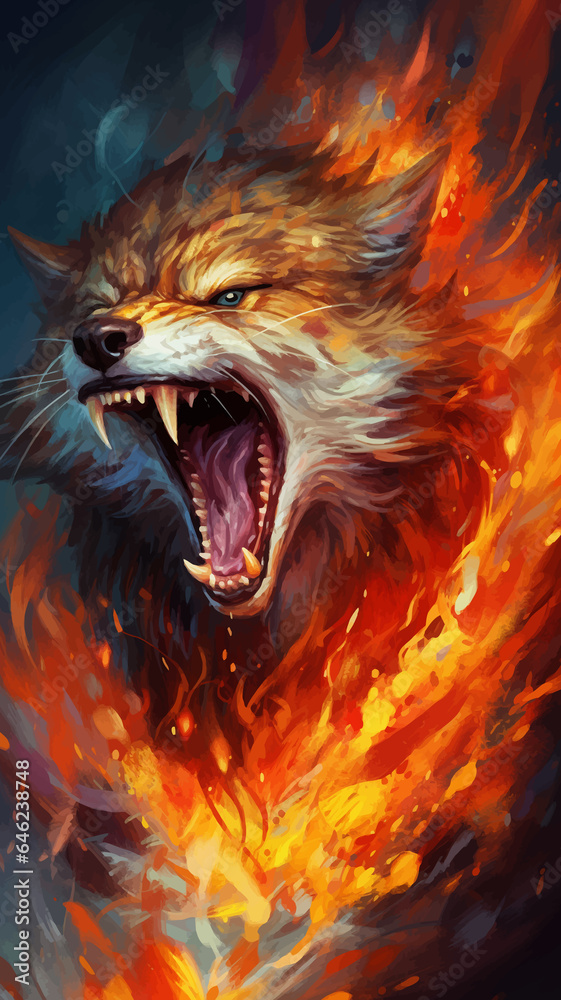 Angry Wolf howling in fire with flames and flames. Roaring wolf. Wolf ...