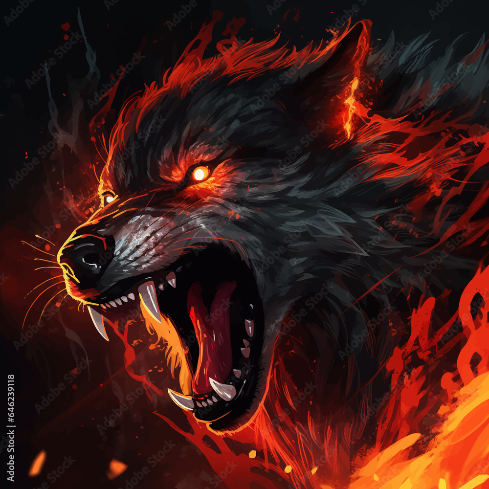 Angry Wolf howling in fire with flames and flames. Roaring wolf. Wolf with fire on a black. Wolf ...