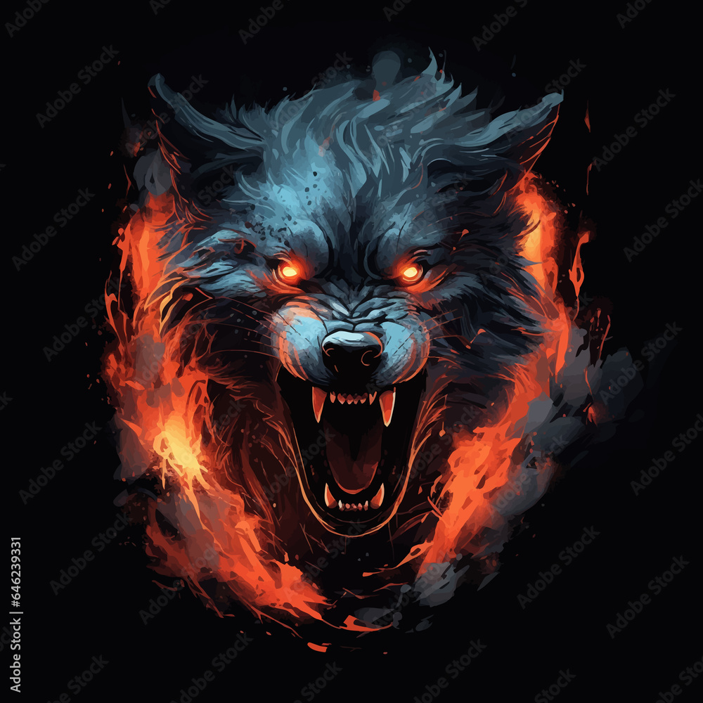 Angry Wolf howling in fire with flames and flames. Roaring wolf. Wolf ...