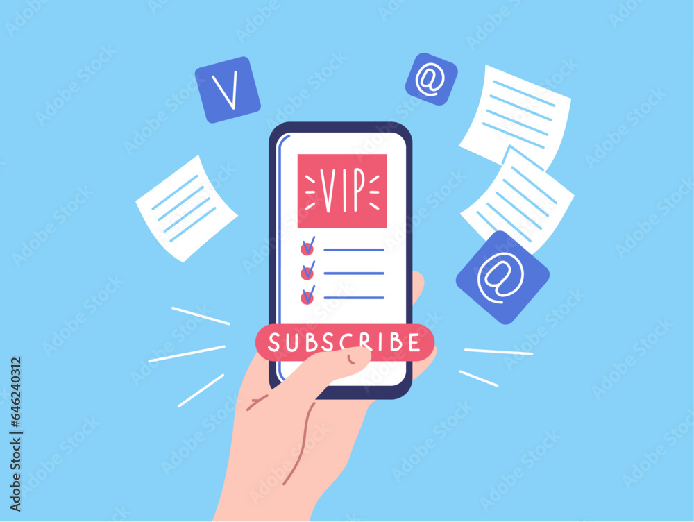 Hand holding phone and clicking on subscribe button, flat vector ...