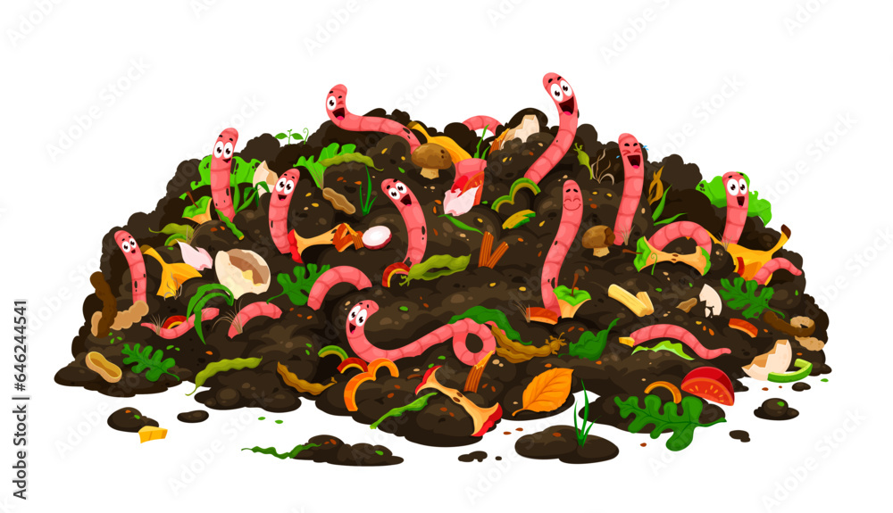 Agriculture cartoon farm compost worm characters in soil. Funny ...