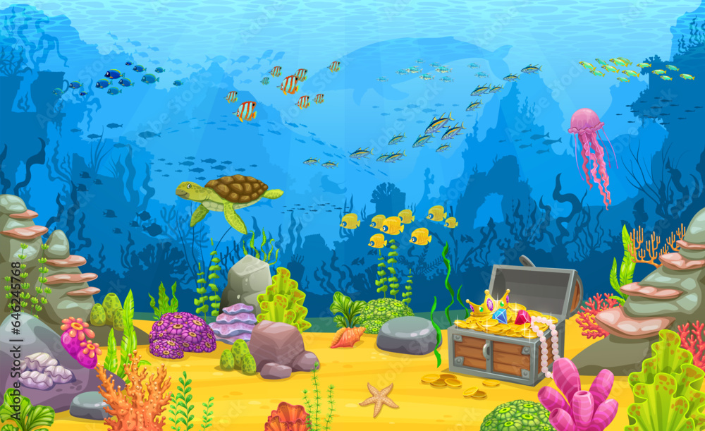 Cartoon underwater landscape with treasure chest and sea animals. Coral ...