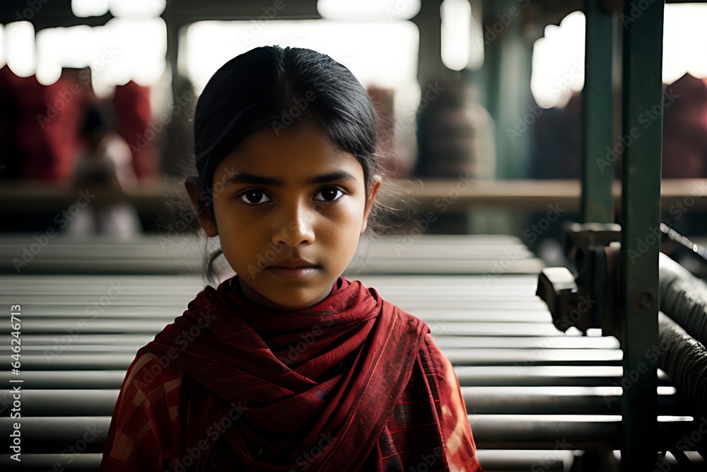 young Asian little girl laboring in a dark workplace under unfavorable ...