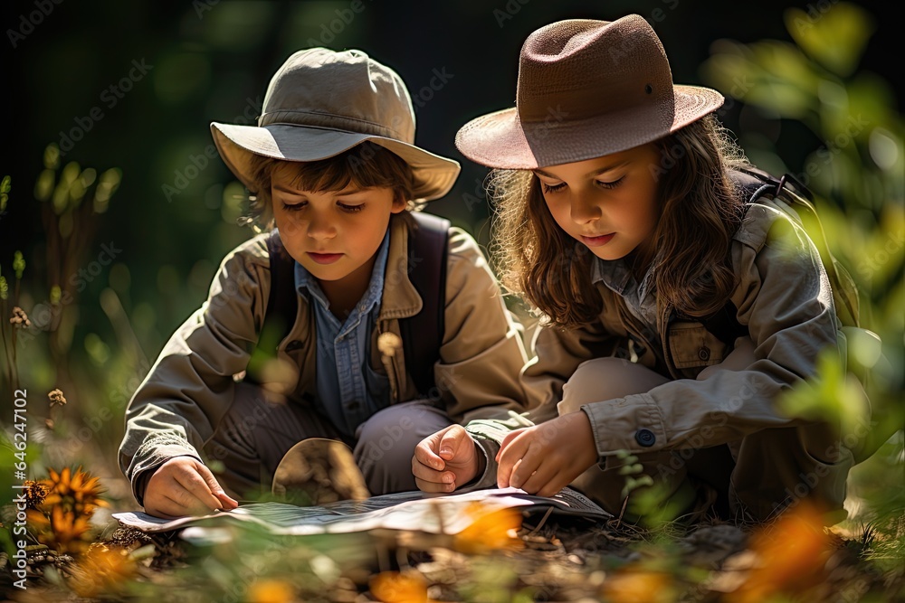 Kids explore nature. Children hike in sunny summer park. Scout club and ...