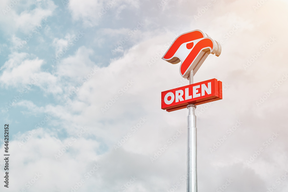 Gdansk, Poland - September 2, 2023: PKN Orlen logo with a blue sky ...