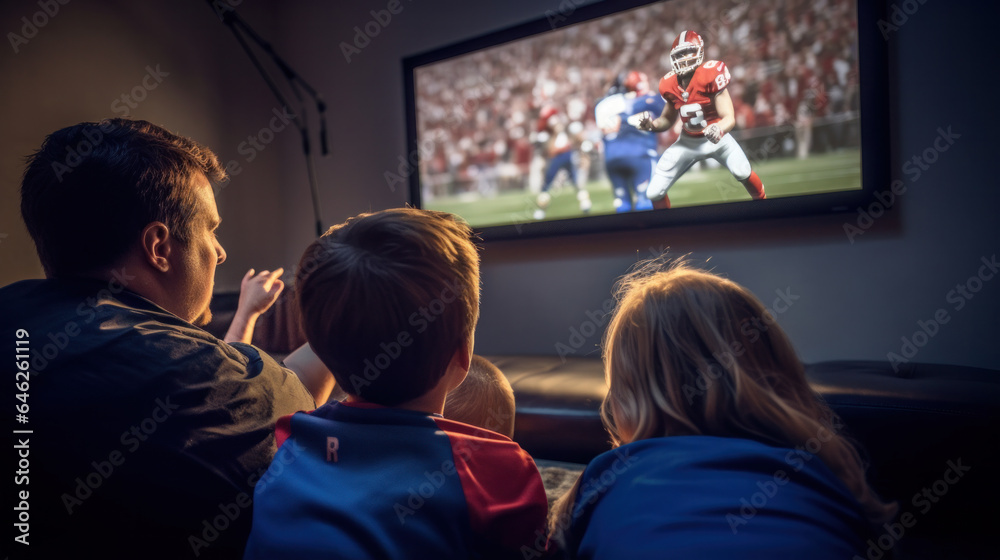 Victory. Excited, happy family watch american football match ...