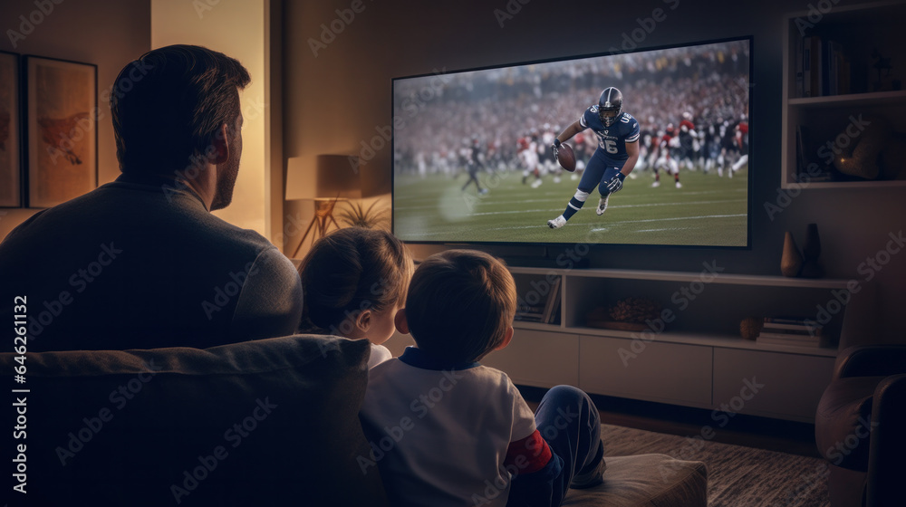 Victory. Excited, happy family watch american football match ...