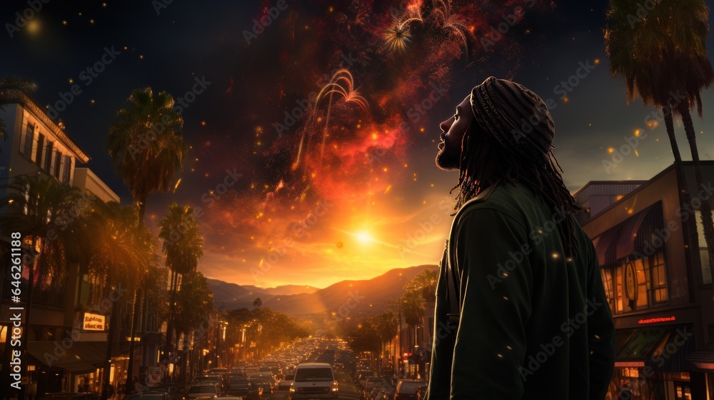 A high-resolution image of a Rasta man walking down to a vibrant city ...