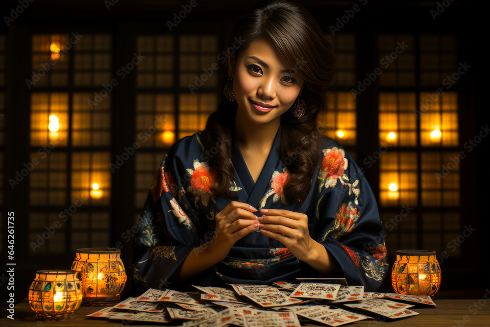 Mystical Japanese fortune teller in traditional kimono, gracefully ...