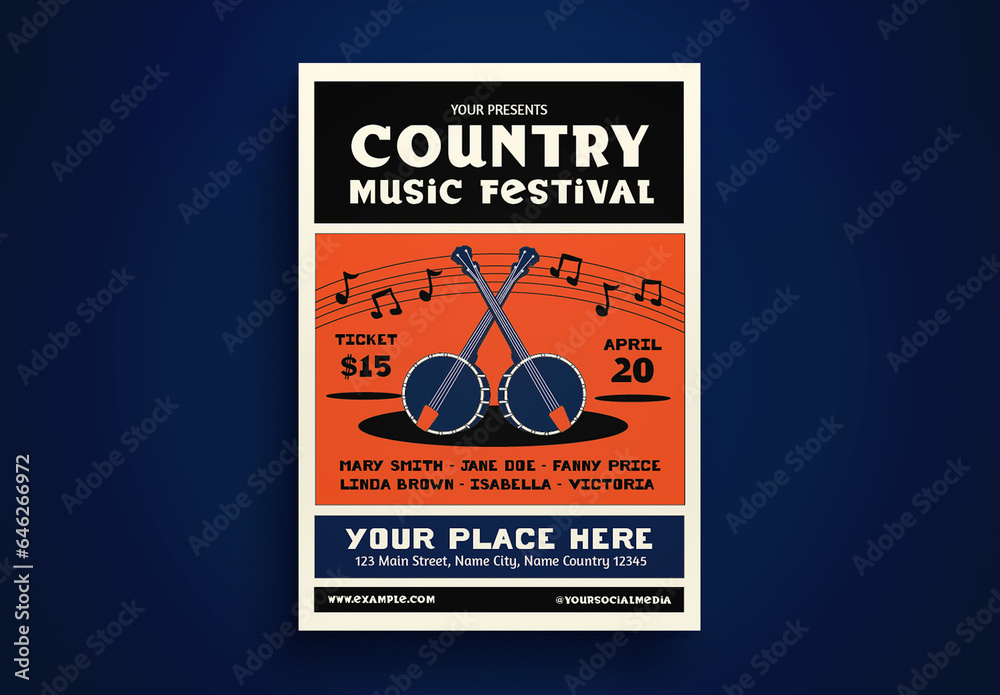 Black Retro Country Music Flyer Layout Stock Template | Adobe Stock