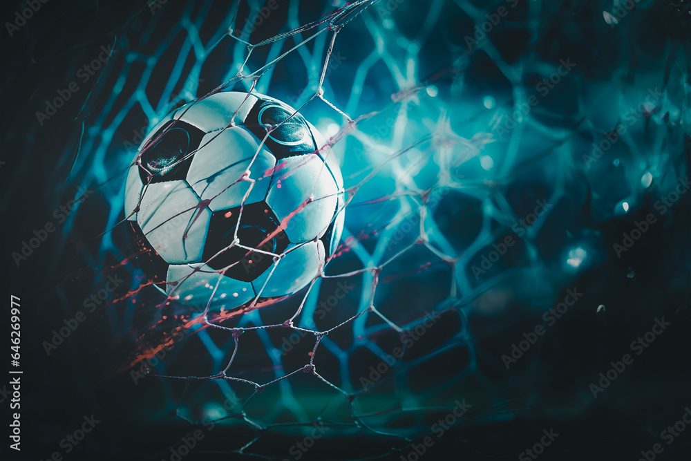 Close-up of a soccer ball (football) going into the back of the net ...