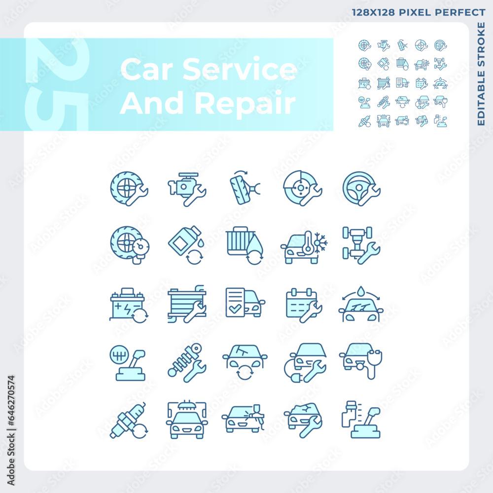 2D pixel perfect blue icons pack representing car repair and service ...