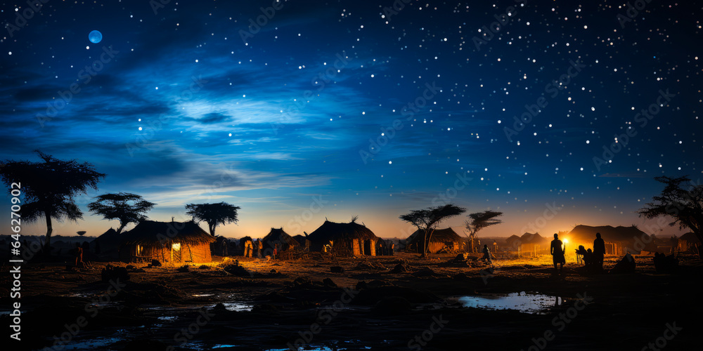 Serenely tranquil, traditional Senegalese huts in silhouette stark ...