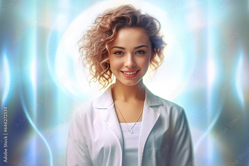 In this illusionary artwork, a hyper-realistic scientist with dark ...