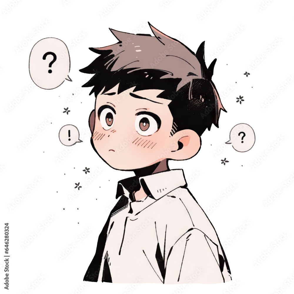 Cartoon boy with question mark around his head. Vector illustration ...