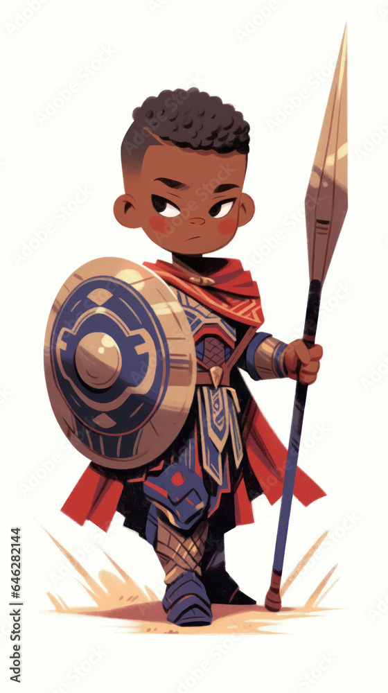 African american boy in costume of ancient warrior with spear and ...