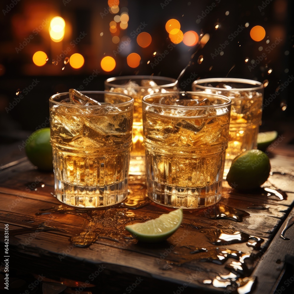 Colorful alcohol cocktails in night-club bar background in popular ...