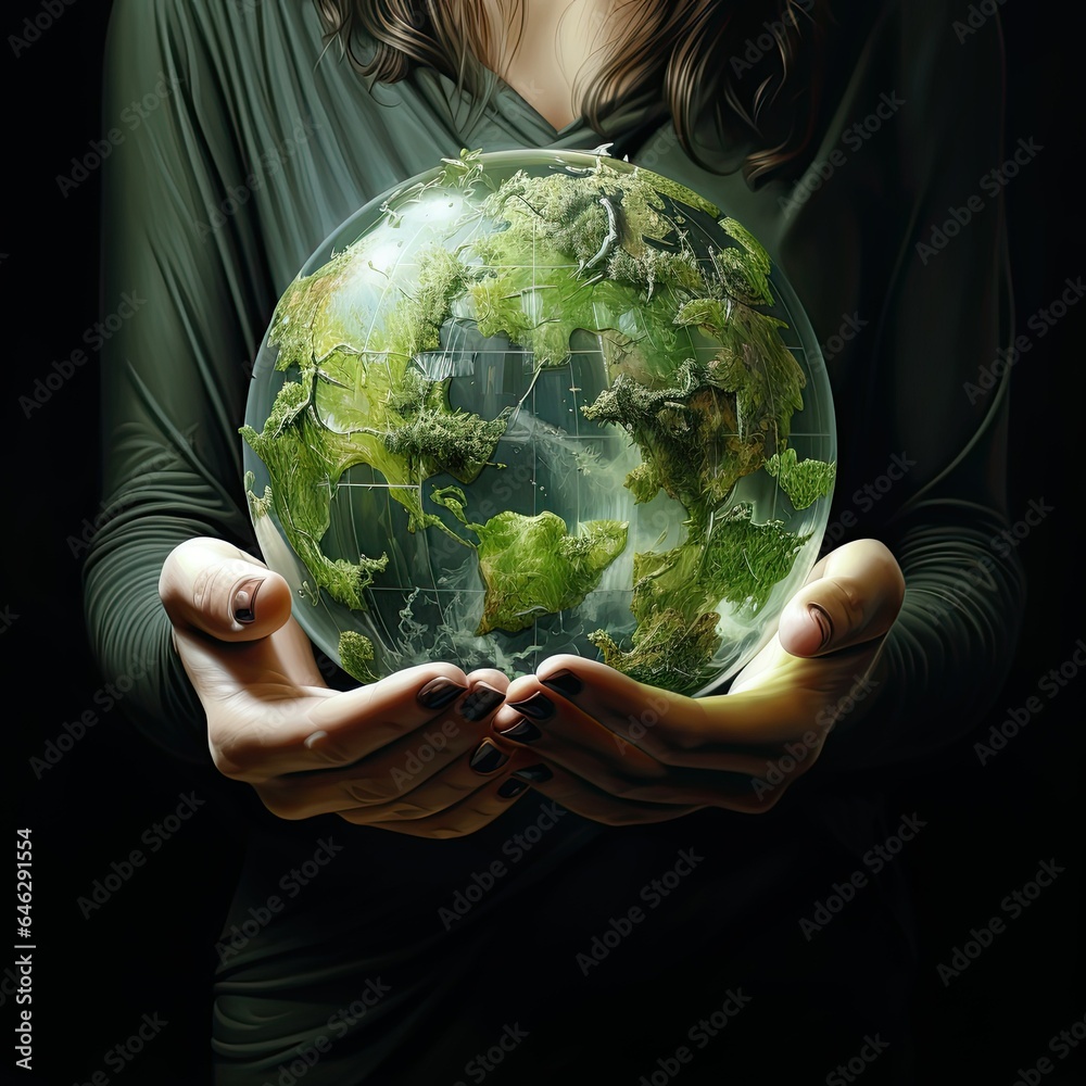 female hands holding a green model of the planet Earth. Saving our ...