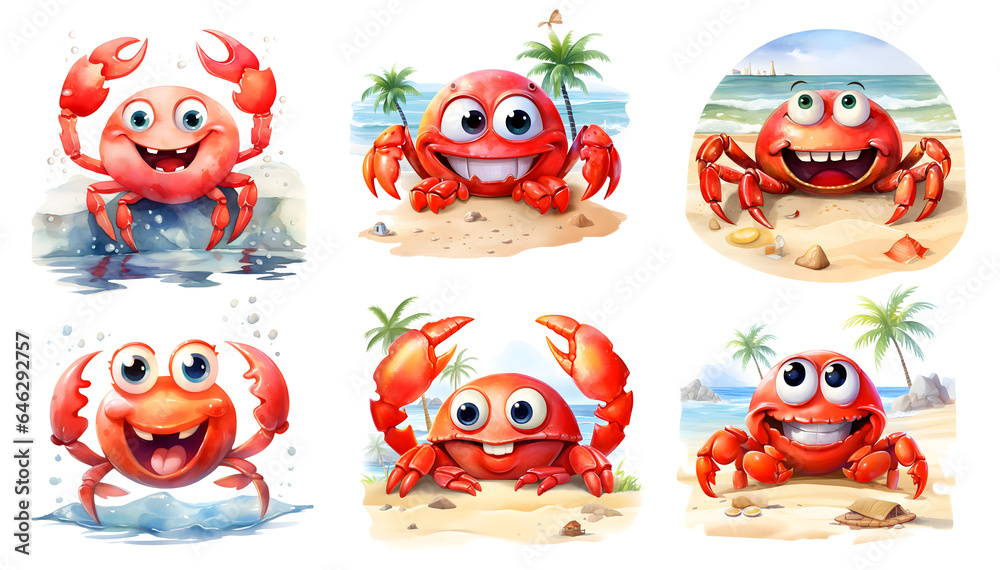 set of funny crabs in watercolor on the beach and transparent ...