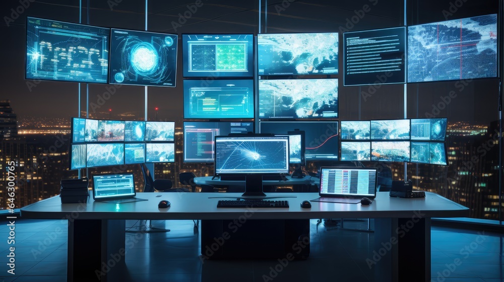 System Control Center, workplace with multiple displays, monitors ...