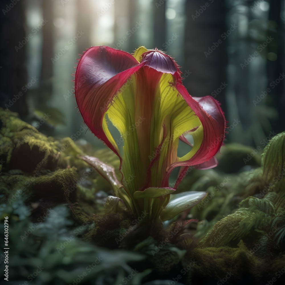 A mysterious, carnivorous plant lurking in a dark, enchanted forest ...