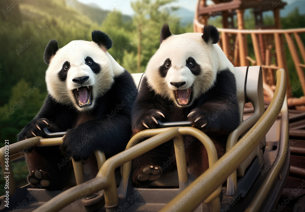 Happy panda on the roller coaster in the amusement park. Enjoying ...