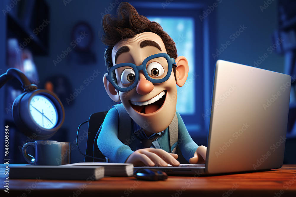 Portrait d'un informaticien sur son ordinateur portable style cartoon ...