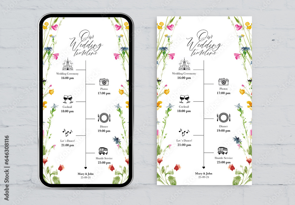 Wild Flowers Digital Wedding Timeline Stock Template | Adobe Stock