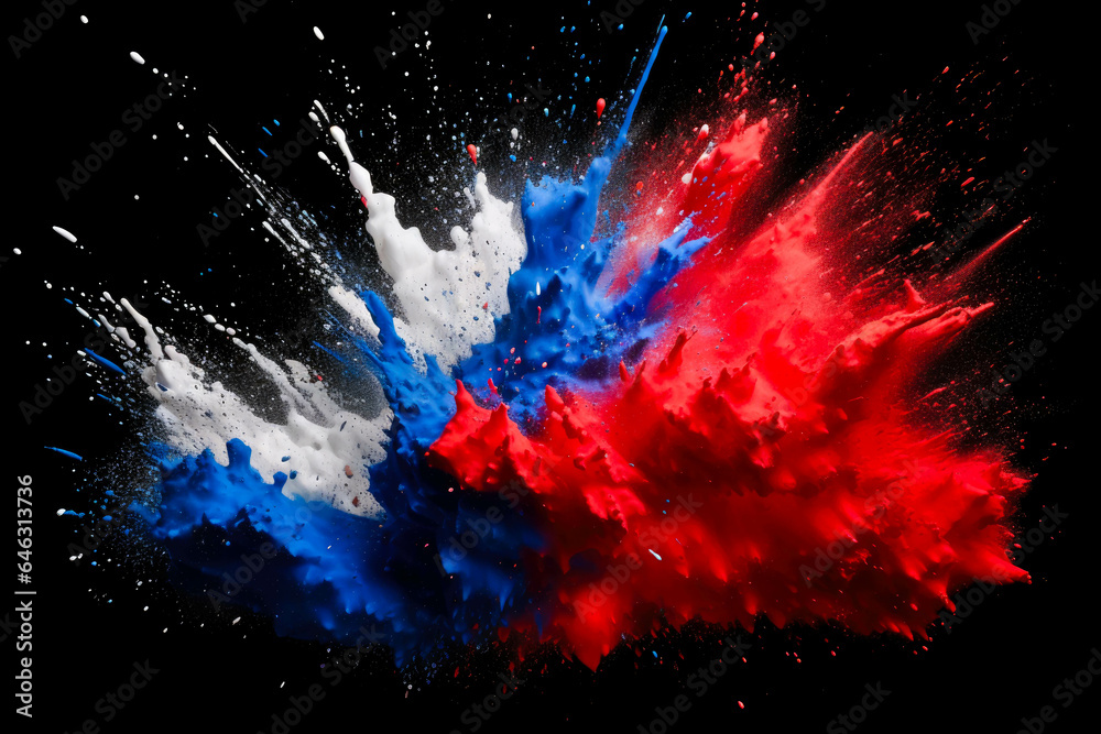 Colored powder explosion isolated on black background. Red, White and ...