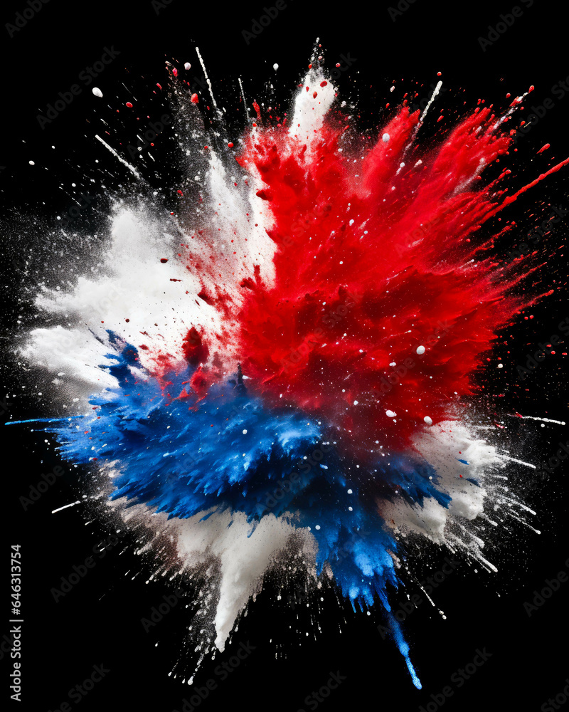 Colored powder explosion isolated on black background. Red, White and ...