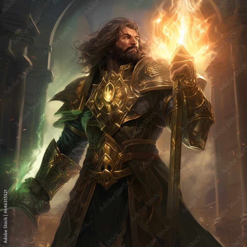 Fantasy RPG illustration of fire warrior with golden armor Stock ...