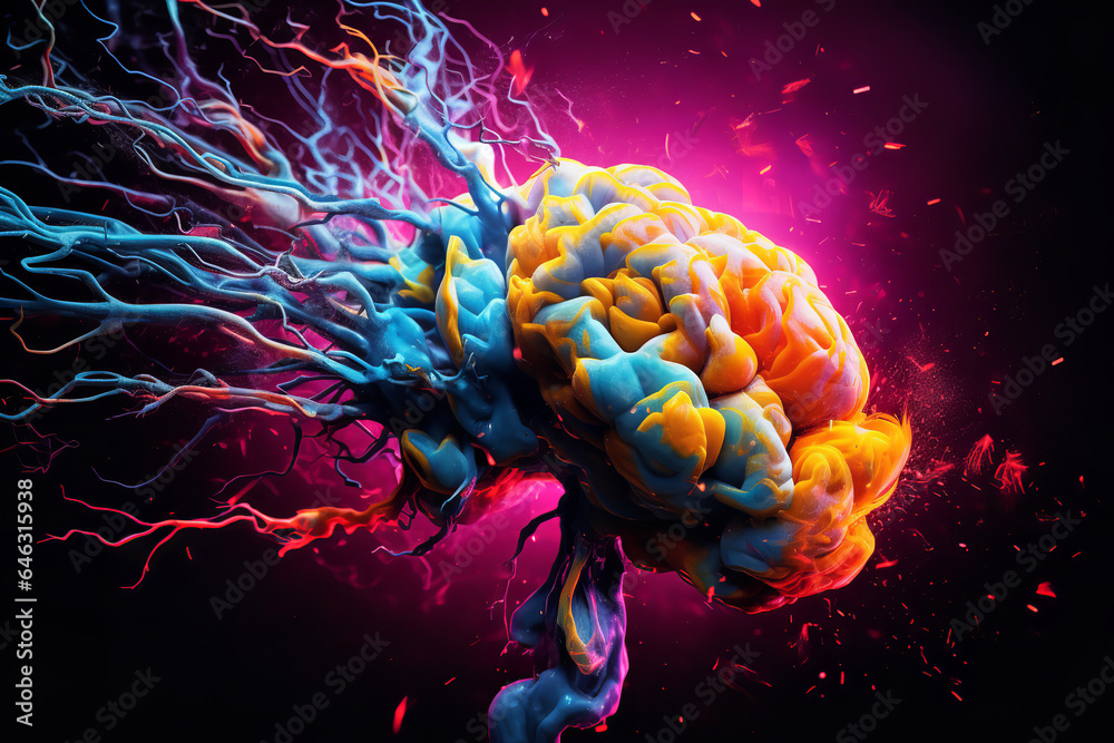 Artistic representation of a human brain, infused with chaotic colors ...