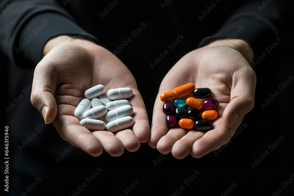 A palm filled with various prescription pills, highlighting the fine ...