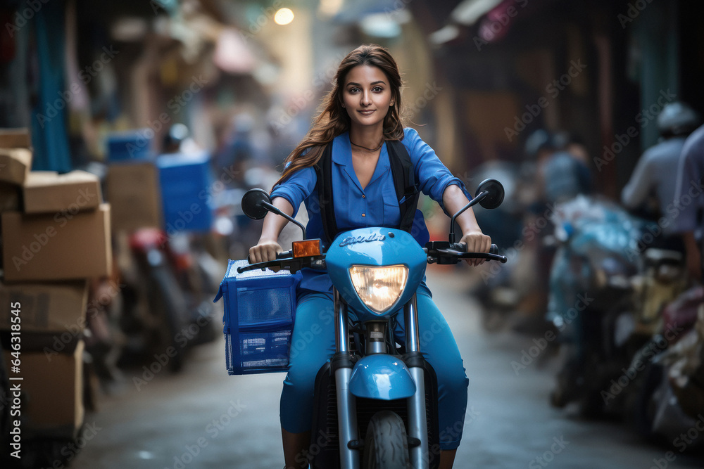 Young indian girl riding bike delivering food or other parcel. Stock ...
