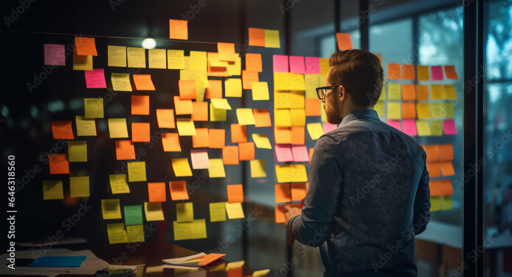 Project management: Man standing in front of wall with many notes and ...