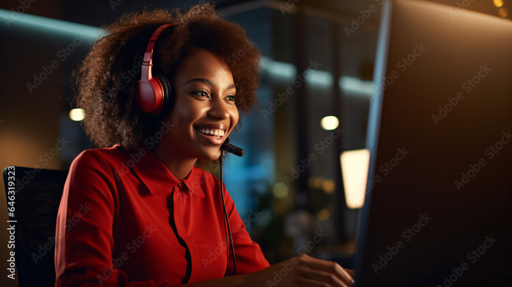 Customer service representative wearing a headset and a red polo shirt ...