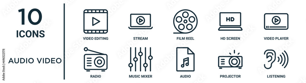 audio video outline icon set such as thin line video editing, film reel ...