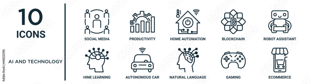 ai and technology outline icon set such as thin line social media, home ...
