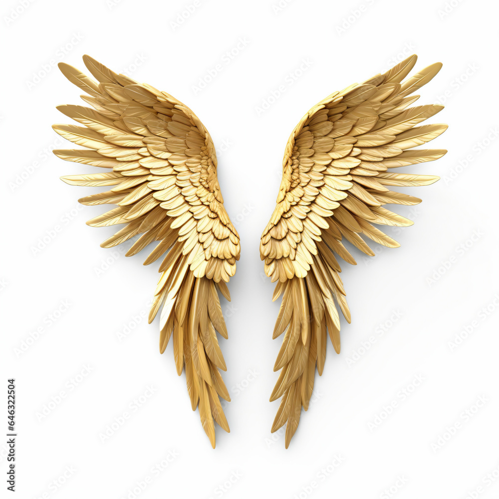Golden White angel wings render 3D feather bird wings isolated on white ...