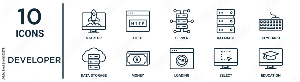developer outline icon set such as thin line startup, server, keyboard, money, select, education ...