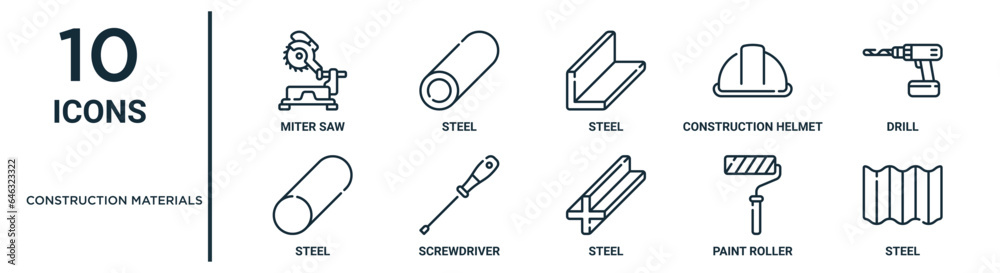 construction materials outline icon set such as thin line miter saw ...