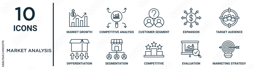 market analysis outline icon set such as thin line market growth ...