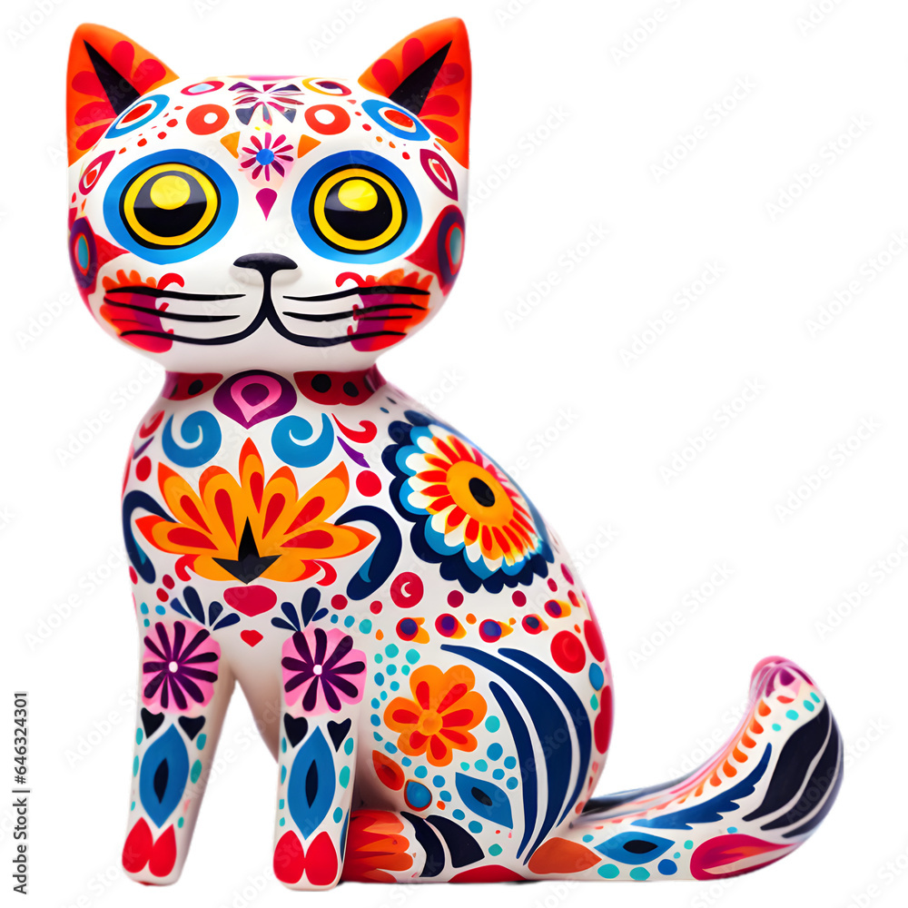 Colorful figurine of a sugar cat with flower patterns for the Day of ...